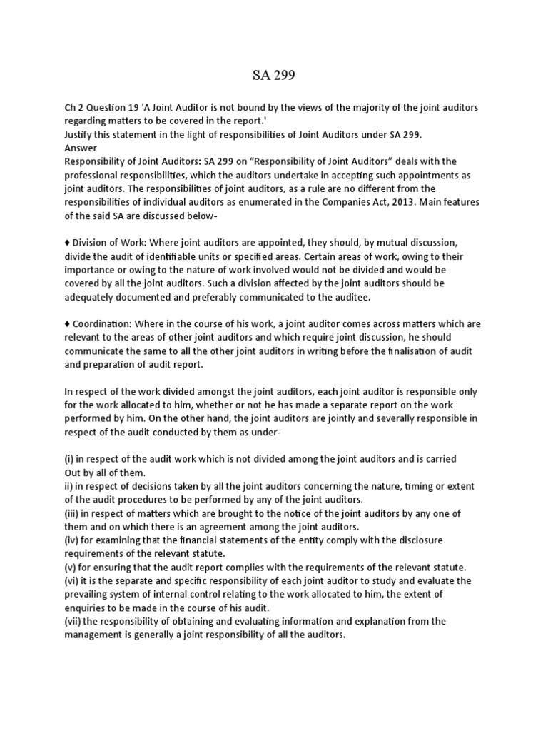 CA IPCC Auditing Assurance Questions On SA 299 9ZEHHXVP | PDF | Auditor's Report | Audit