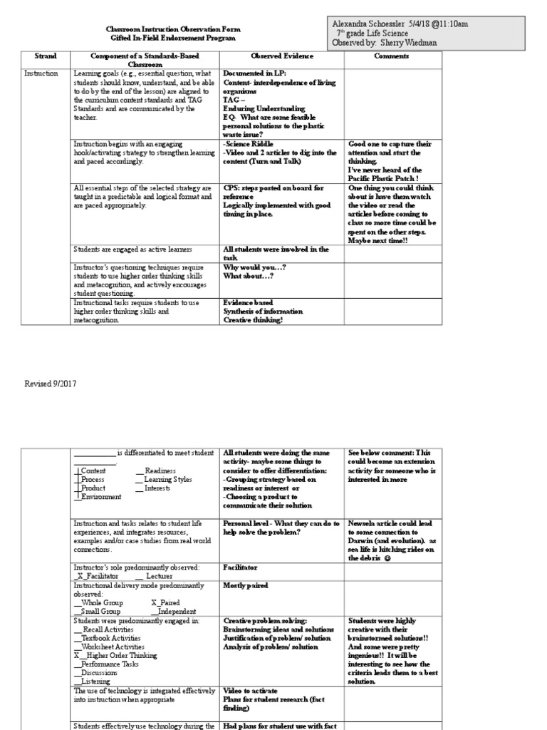 Alexandra Schoessler 5/4/18 @11:10am 7 Grade Life Science Observed By ...