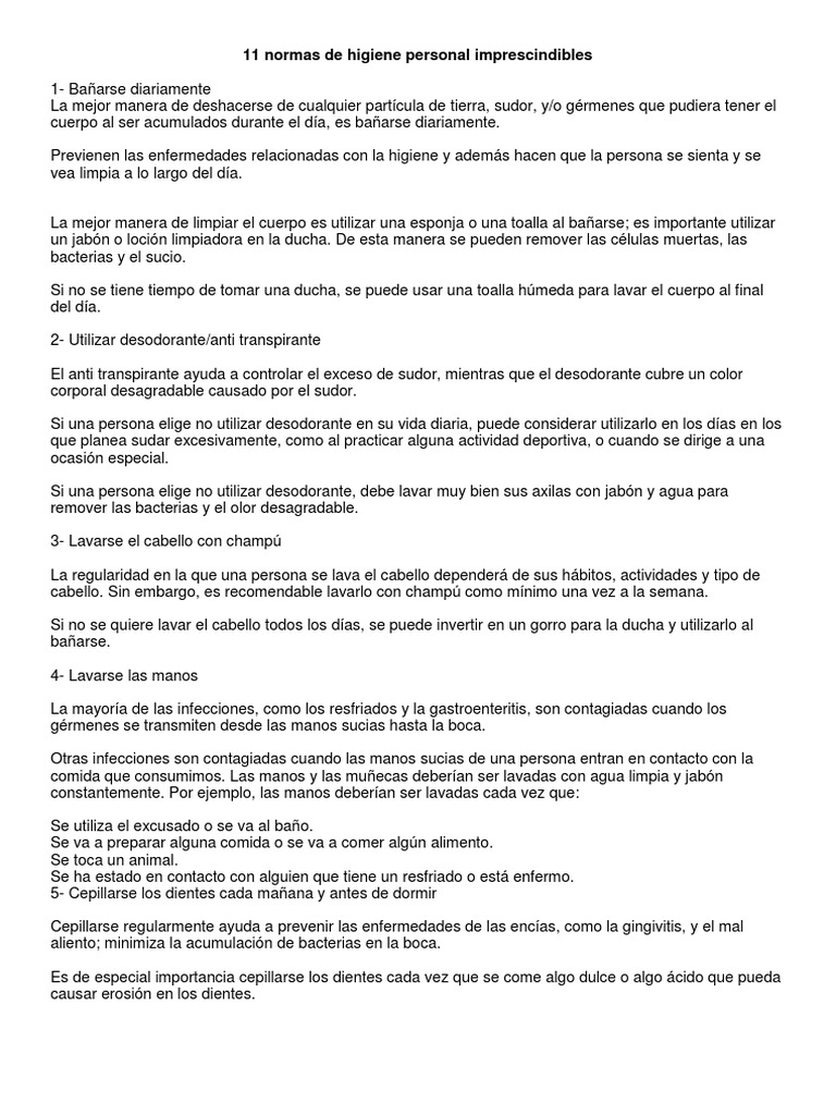 11 Normas Esenciales de Higiene Personal | PDF | Alimentos | Ducha