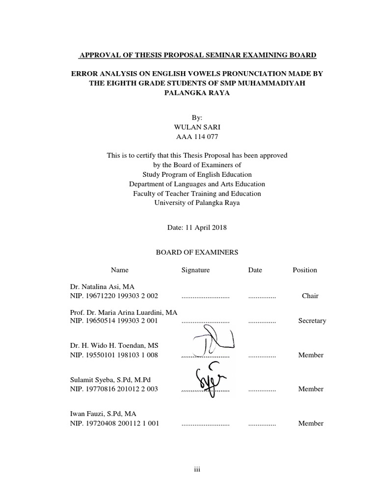 Approval of Thesis Proposal Seminar Examining Board | PDF