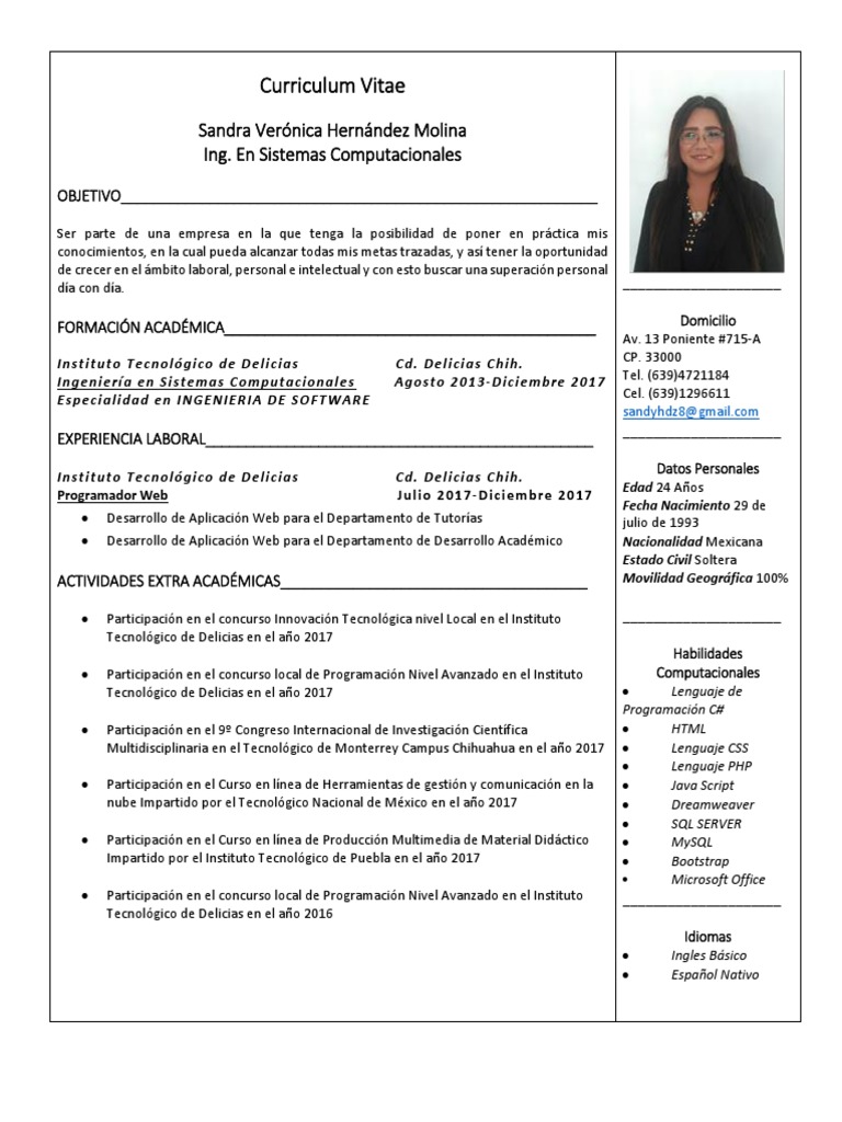 Curriculum Vitae: Sandra Verónica Hernández Molina Ing. en Sistemas ...