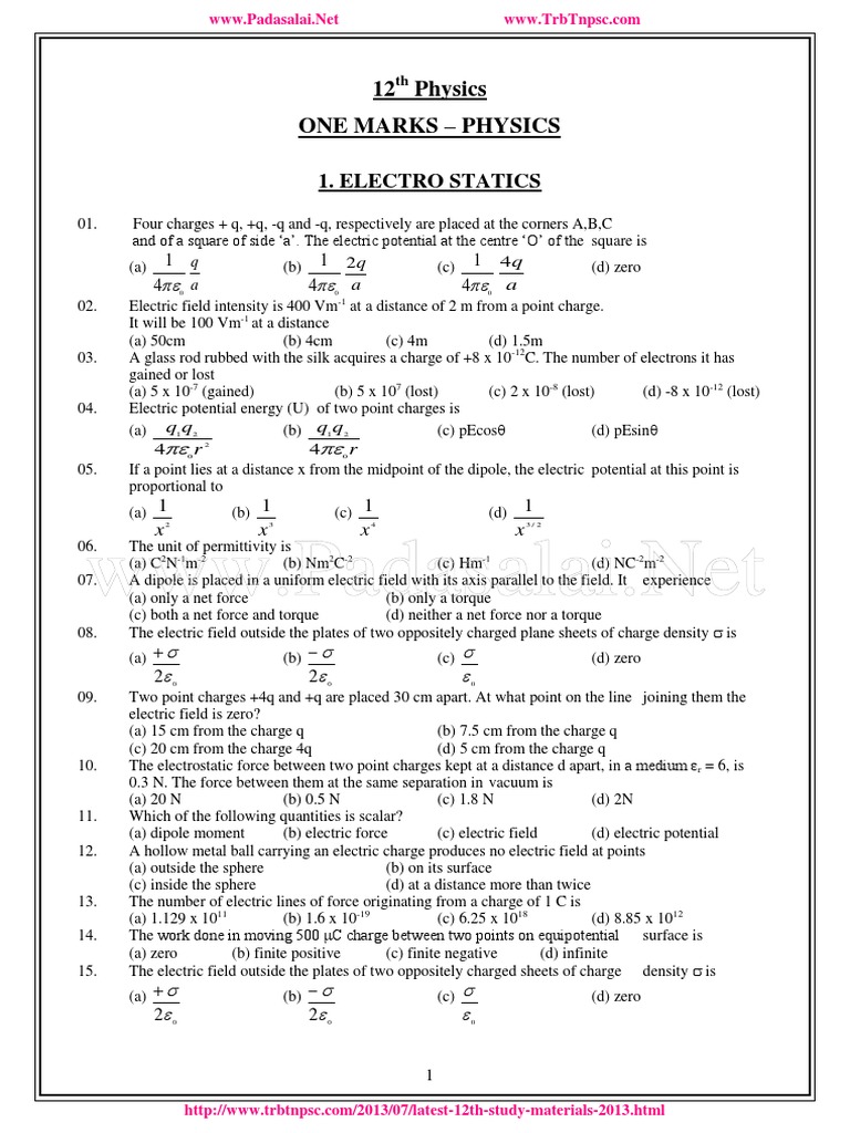 12th Physics One Mark Questions em | PDF | Capacitor | Electrical ...