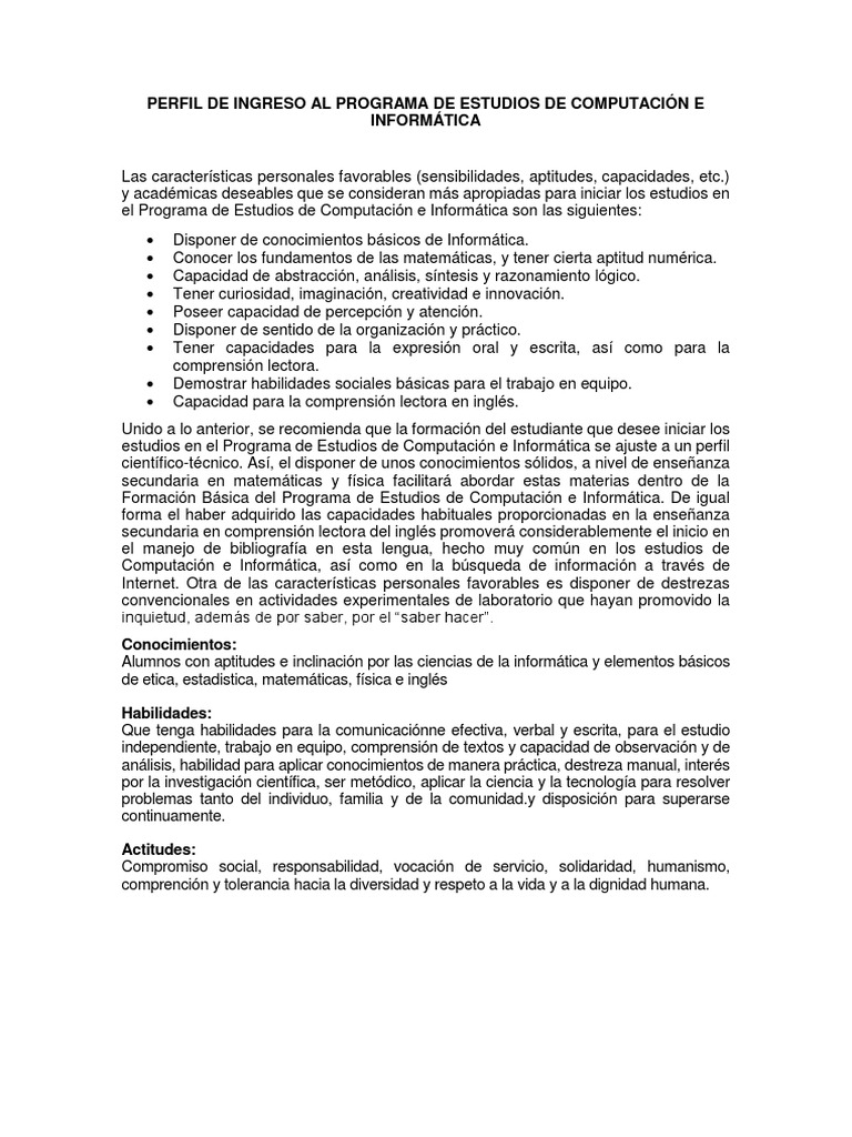 Perfil de Ingreso Al Programa de Estudios de Computación e Informática | PDF | Ciencias de la ...