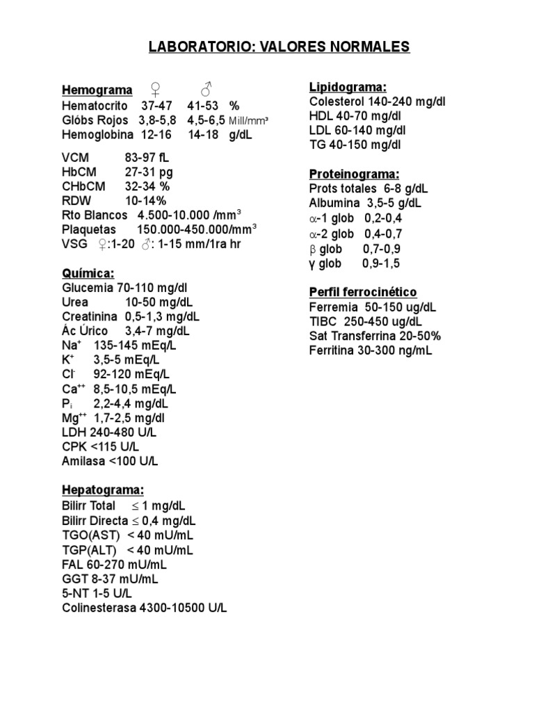 Valores Normales Laboratorio | PDF
