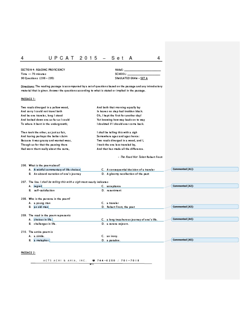 Upcat 2015 - Simulated Exam - Set A - Section 4 - Reading Comprehension ...