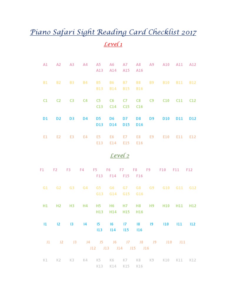 Piano Safari Sight Reading Card Checklist 2017 | PDF
