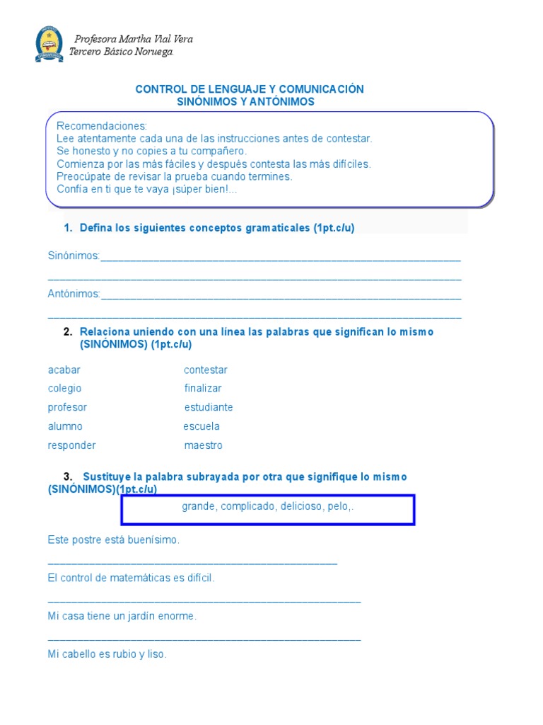 Prueba de Sinonimos y Antonimos | PDF