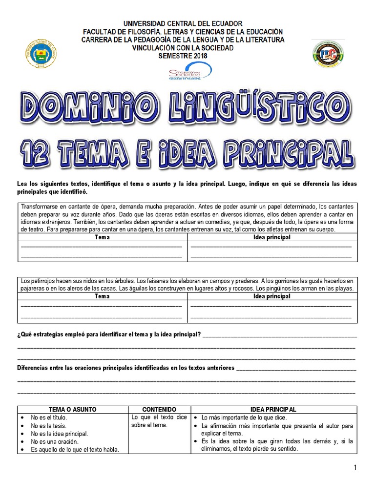 Hoja De Trabajo De Idea Principal Implícita