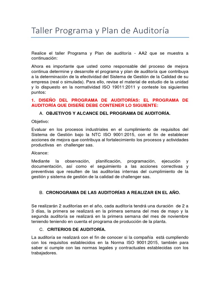 Taller Programa y Plan de Auditoria AA2 | PDF | Calidad (comercial) | Gestión de la calidad