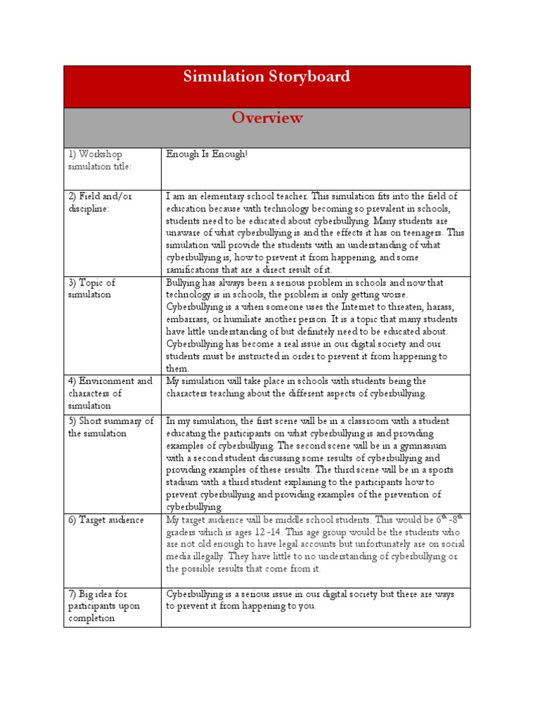 Simulation Storyboard Overview | PDF | Cyberbullying | Bullying