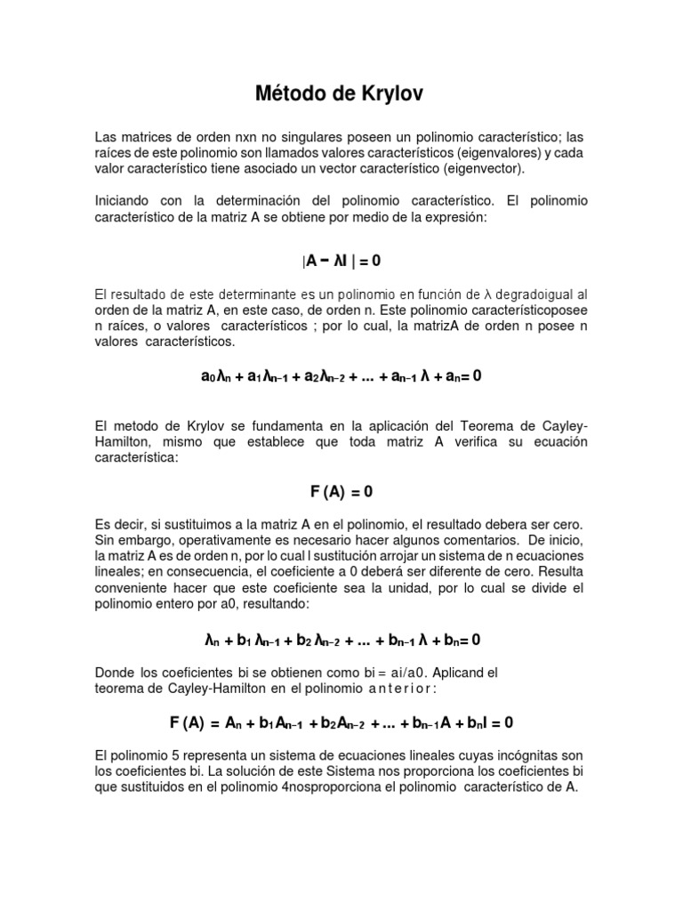 Método de Krylov | PDF | Valores propios y vectores propios | Matriz ...