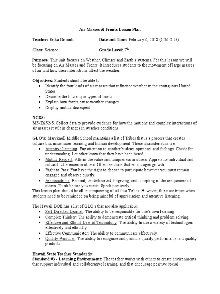 Air Masses and Fronts Lesson Plan | PDF | Educational Assessment | Teachers