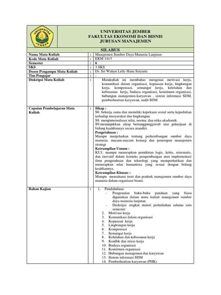 Silabus MSDM Lanjutan PDF | PDF