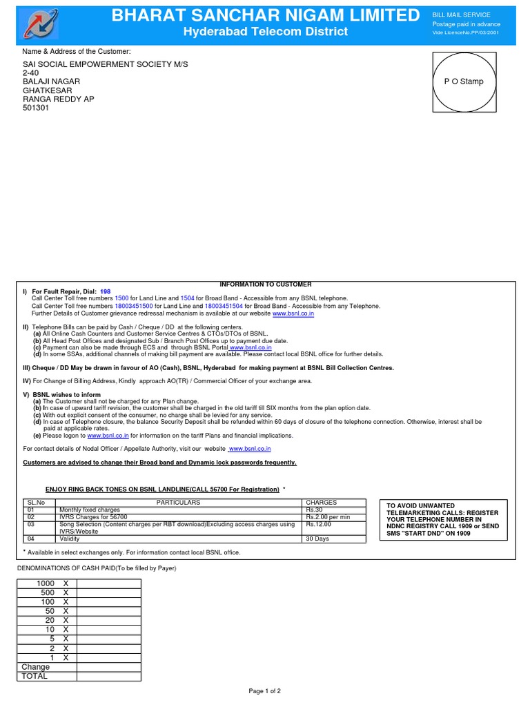 sample telephone bill | Cheque | Payments