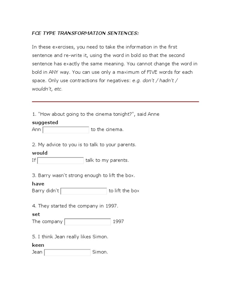 Fce Type Transformation Sentences Answer Key | PDF