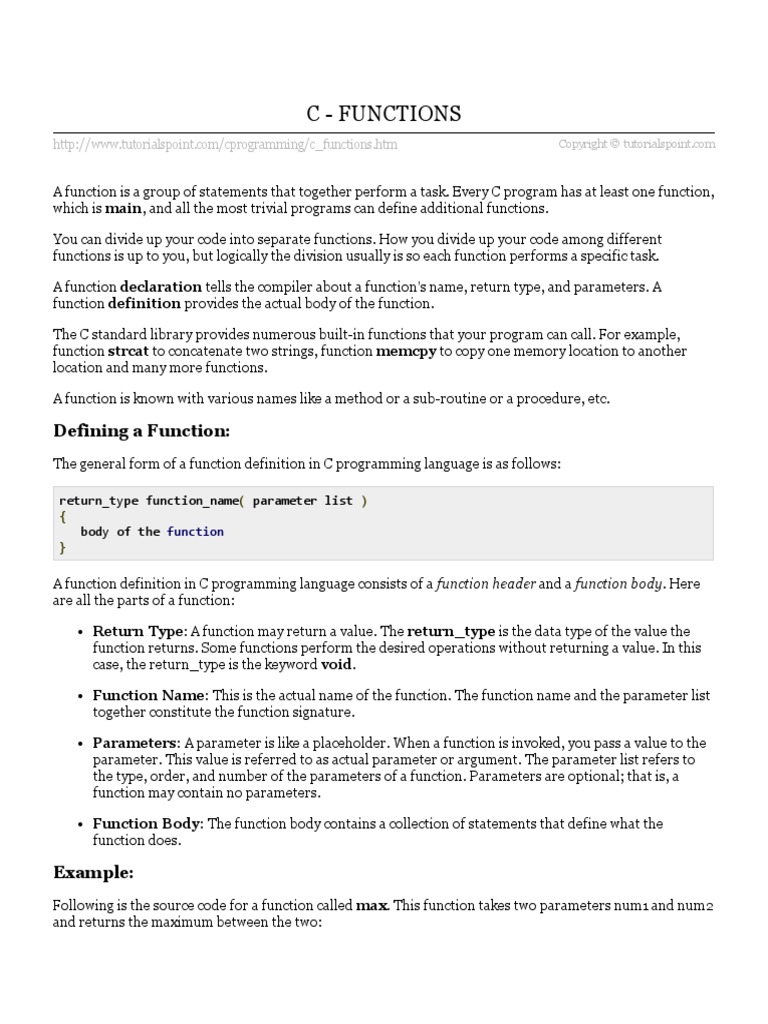 C Functions Defining A Function Pdf Parameter Computer