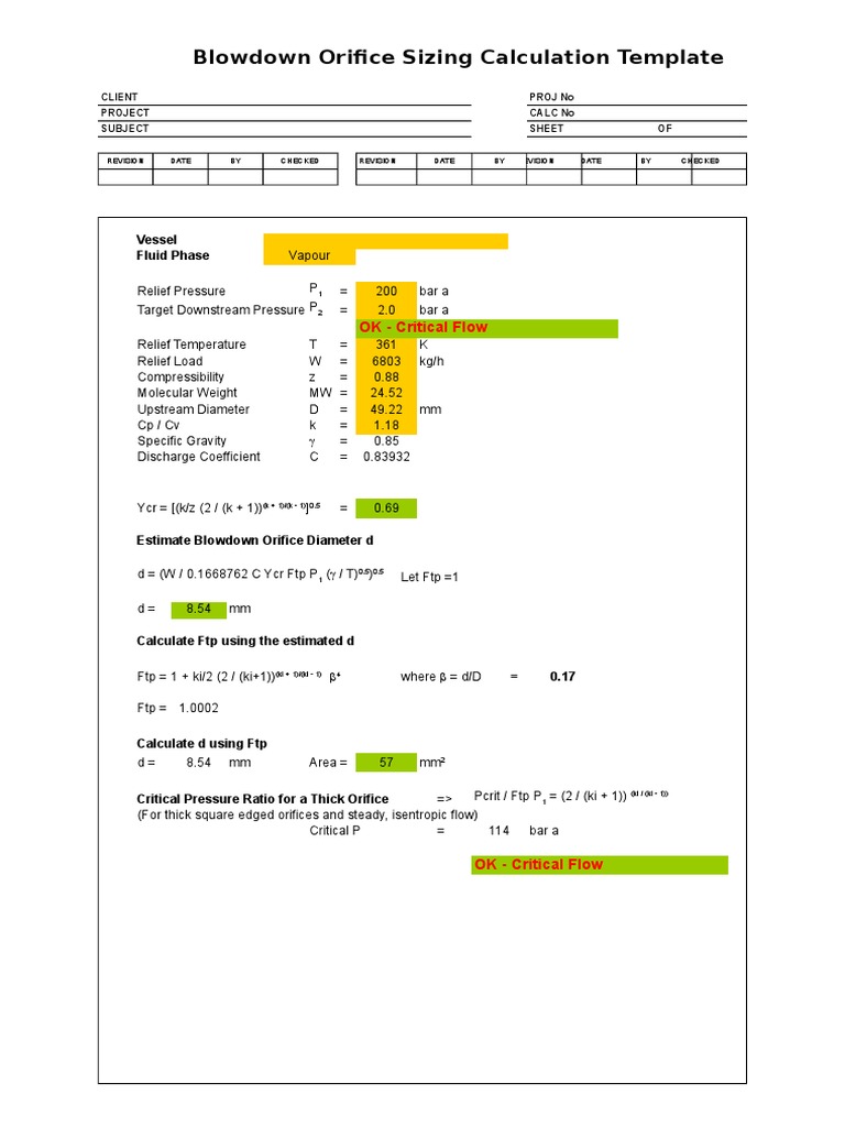 Blowdown Orifice Sizing: Calculating Orifice Diameter for Critical Flow Relief | PDF | Continuum ...