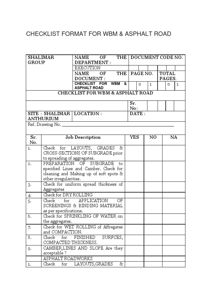 WBM & Asphalt Road Construction Checklist | PDF | Engineering ...