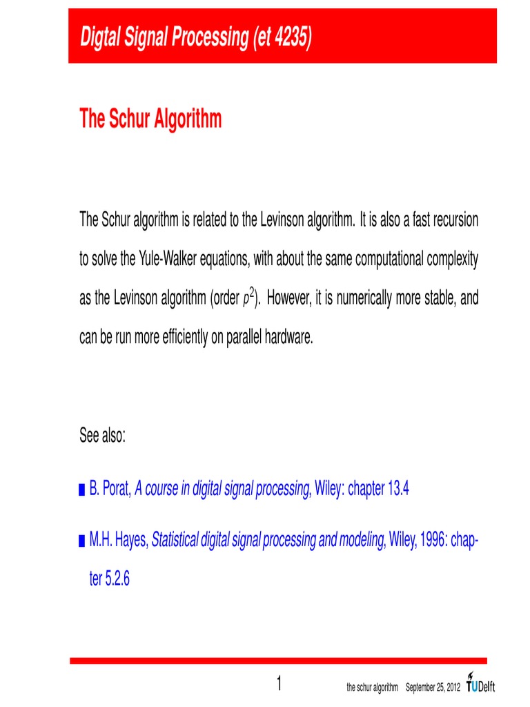 The Schur Algorithm: Digtal Signal Processing (Et 4235) | PDF ...