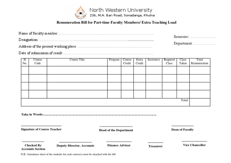 North Western University: Remuneration Bill For Part-Time Faculty ...