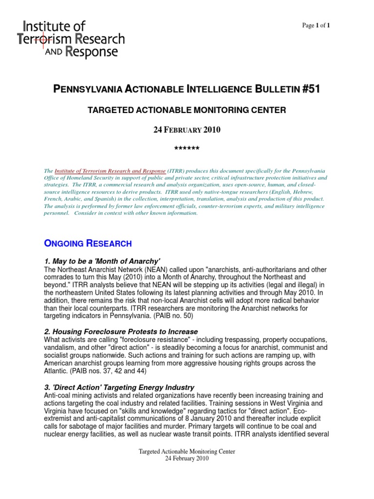 Pa. Actionable Intelligence Briefing 051 24 Feb 10 (Includes TMI, Peach ...
