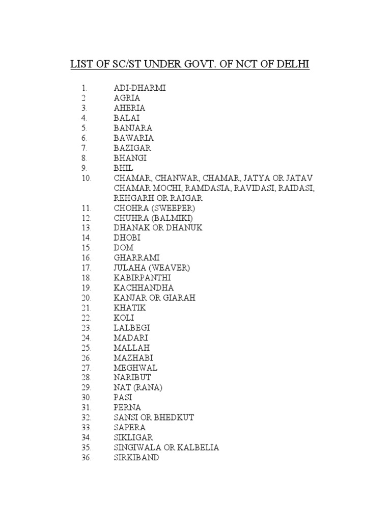 List of SC/ST Under Govt. of NCT of Delhi | PDF