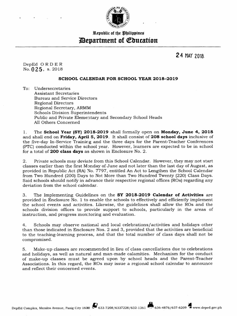 DepEd Order No. 25 S. 2018 School Calendar For School Year 2018 2019 | PDF