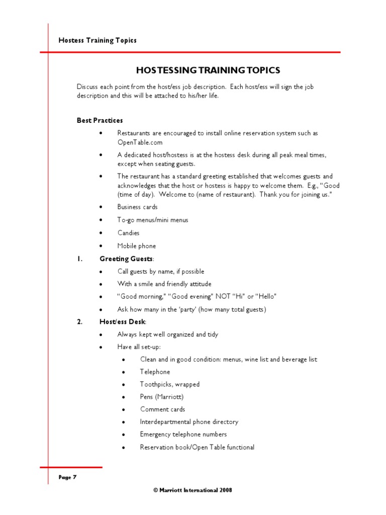 Hostess Training Topics | Menu | Hotel