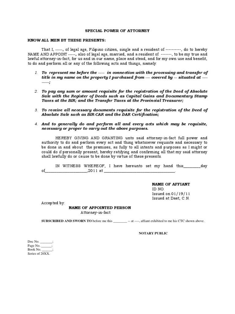 Sample Spa Attorney in Fact | PDF | Power Of Attorney | Private Law