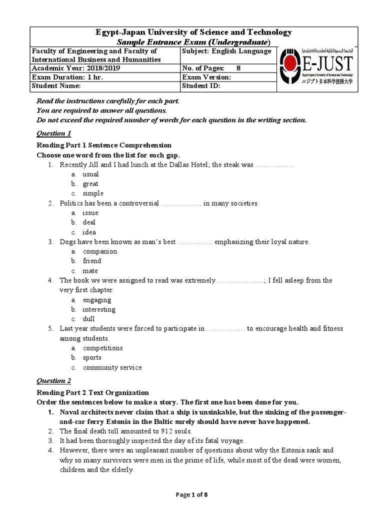 English Entrance Exam Sample 2018/2019 | PDF | Building | Undergraduate ...