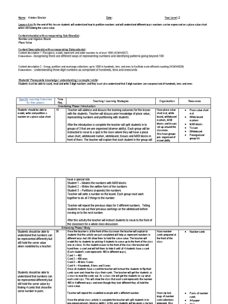 Place Value Edma Lesson Plan | PDF | Classroom | Teachers