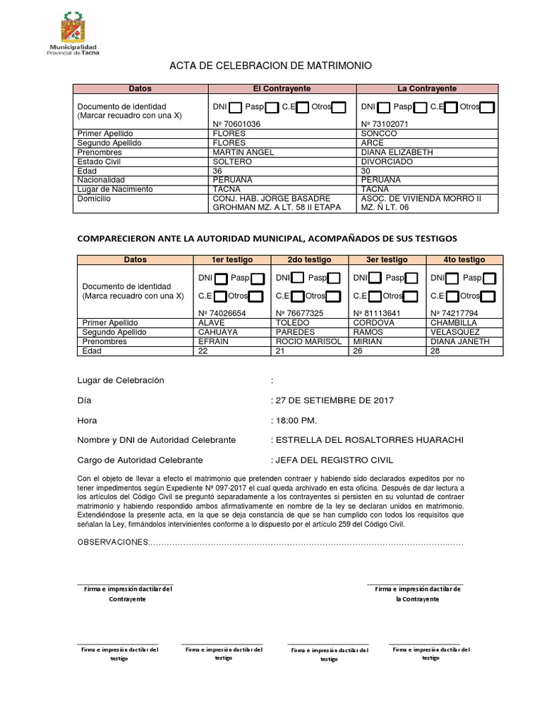 Acta de Celebracion de Matrimonio | PDF | Documentos oficiales | Gobierno y personalidad