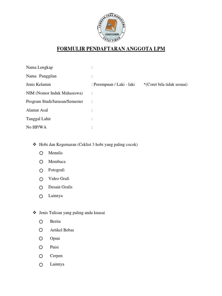 Formulir Pendaftaran Anggota Baru LPM | PDF