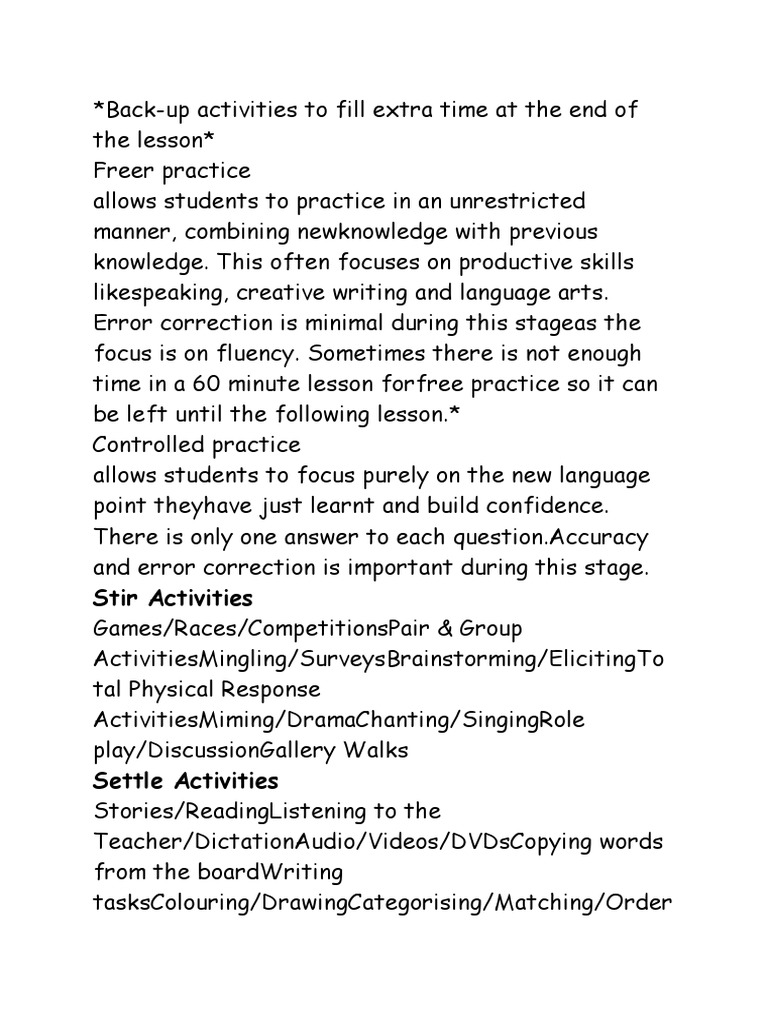 Back-Up Activities and Strategies to Fill Extra Time at the End of a ...