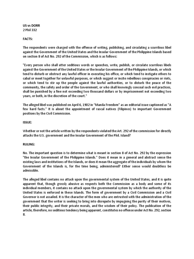 U .S. vs. Dorr 2 Phil 332 1902 | PDF | Defamation | Criminal Justice