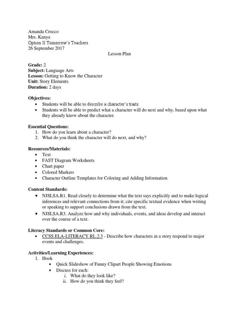 Lesson Plan Getting To Know The Character | PDF | Lesson Plan ...