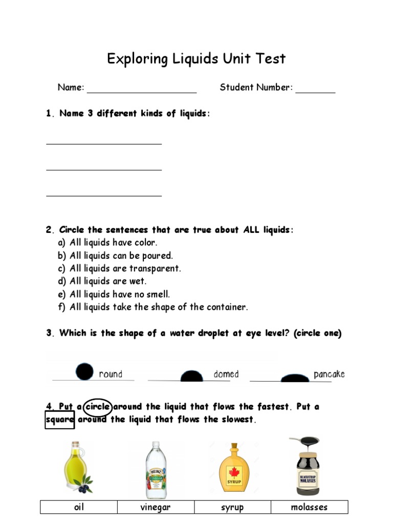 Exploring Liquids Unit Test | PDF