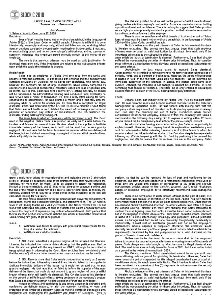 LABOR Digest Termination Complete | PDF | Negligence | Employment