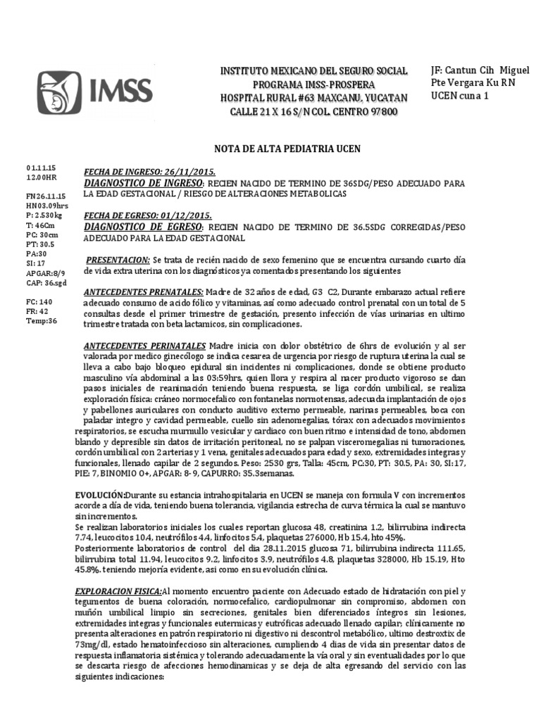 Nota de Alta UCEN | Descargar gratis PDF | El embarazo | Infantes