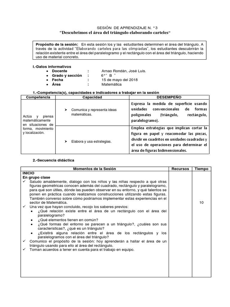 Área del triángulo en sesión de aprendizaje | PDF | Rectángulo | Triángulo