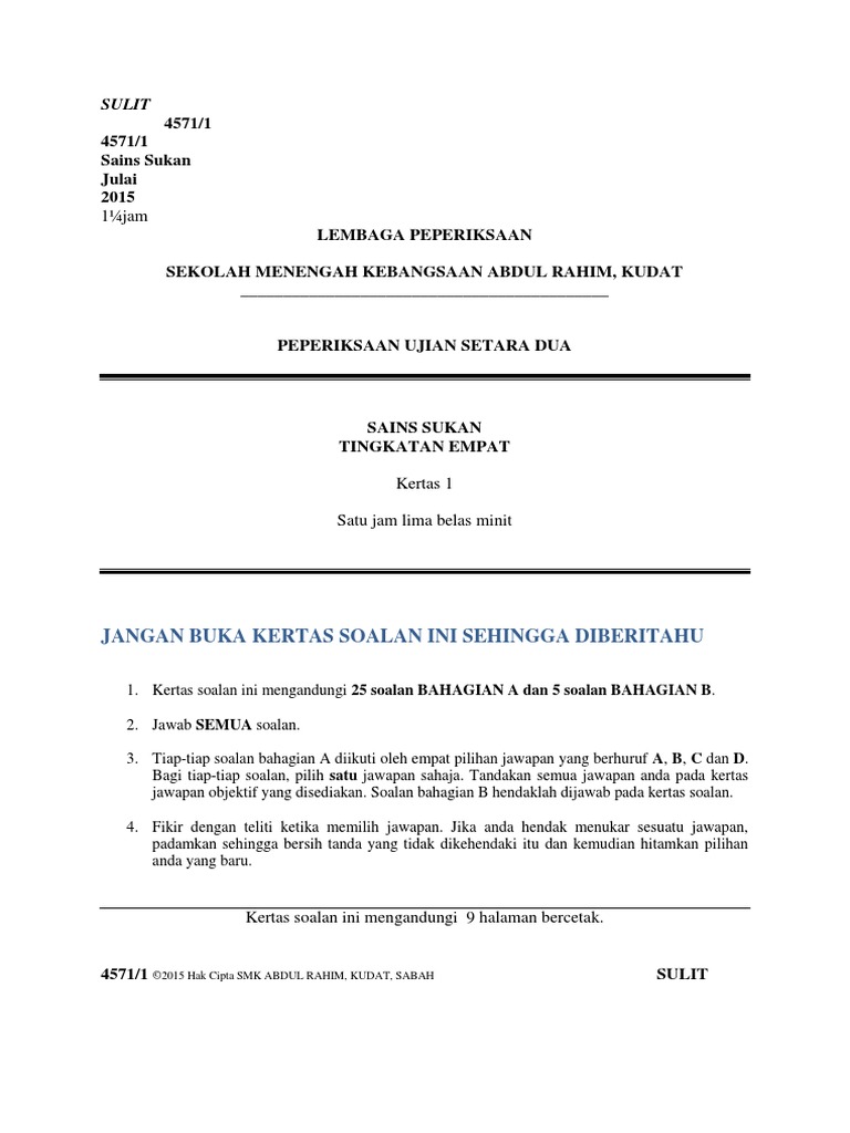 Soalan Sains Sukan Ujian Setara 2 | PDF