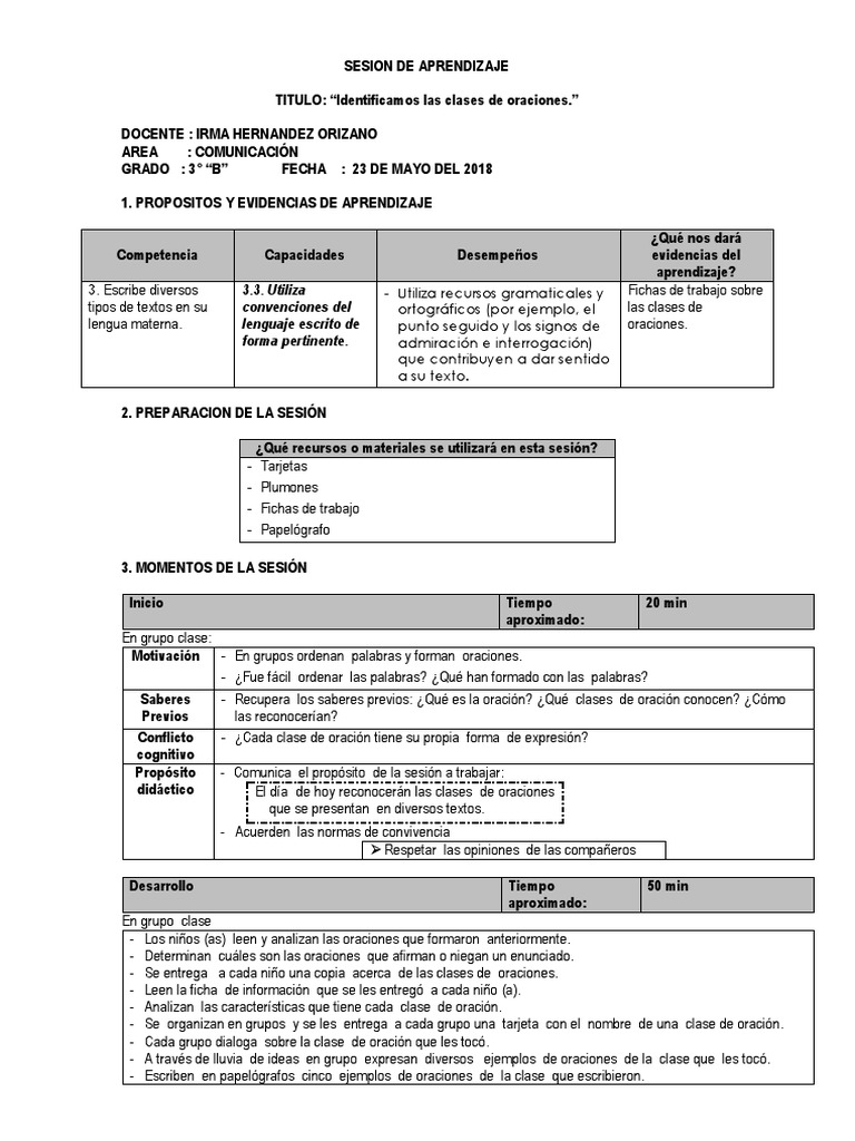 Sesion de Aprendizaje Clases Oraciones | Palabra | Aprendizaje | Prueba ...