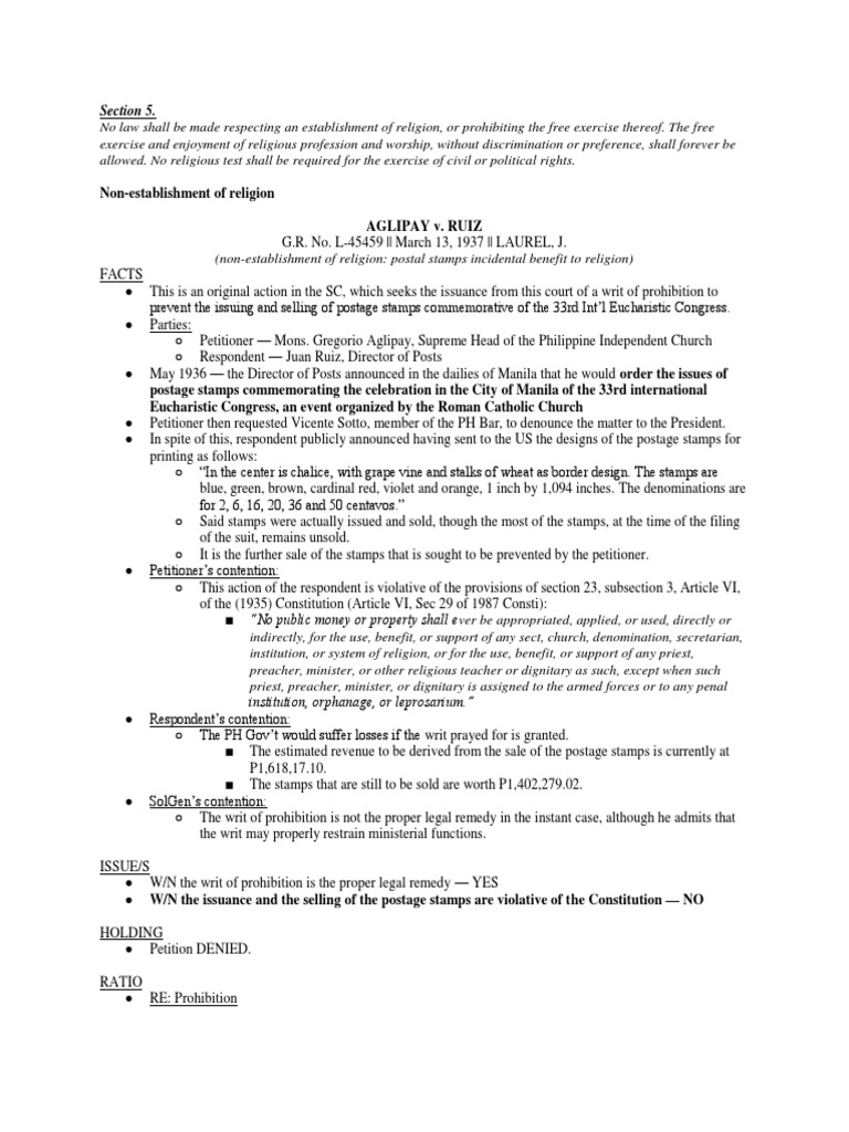 Non-Establishment of Religion Aglipay V. Ruiz: Section 5 | PDF | Establishment Clause | Free ...