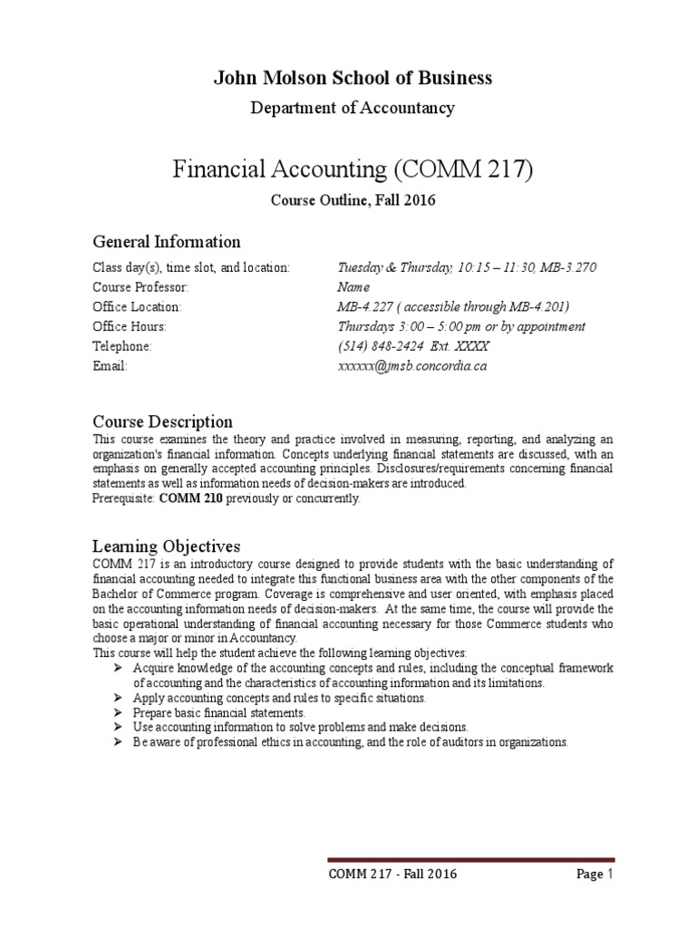 Financial Accounting Course Outline 2016 | PDF | Accounting | Textbook