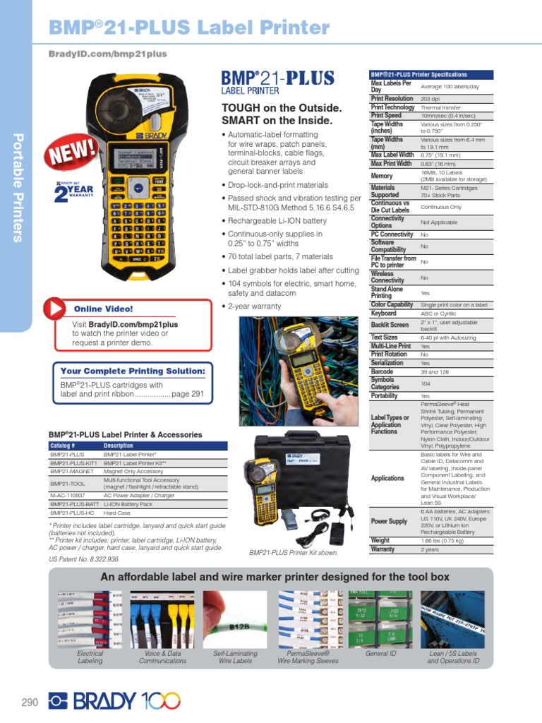 Brady BMP21 PLUS KIT1 Datasheet | PDF | Printer (Computing) | Battery ...