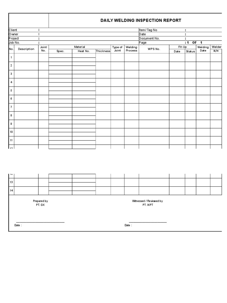 Daily Welding Inspection Report: Client Item/ Tag No Owner Date Project ...