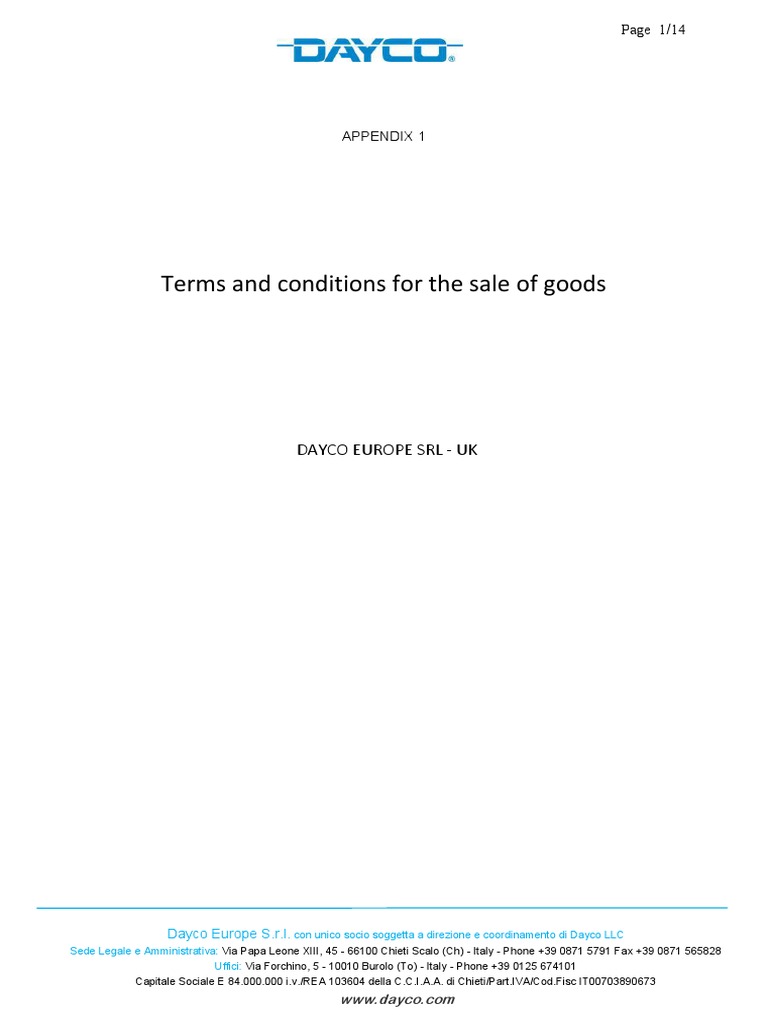 Terms and Conditions For The Sale of Goods: Dayco Europe SRL - Uk | PDF ...