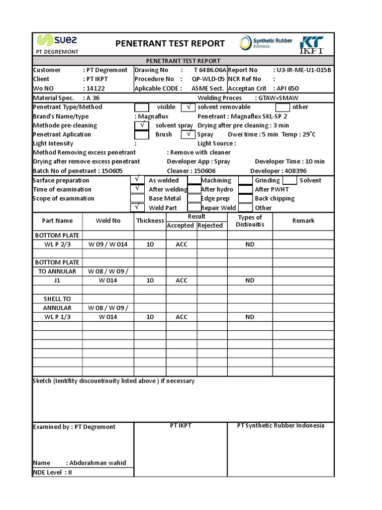 Penetrant Test Report: PT Degremont | PDF | Machining | Welding