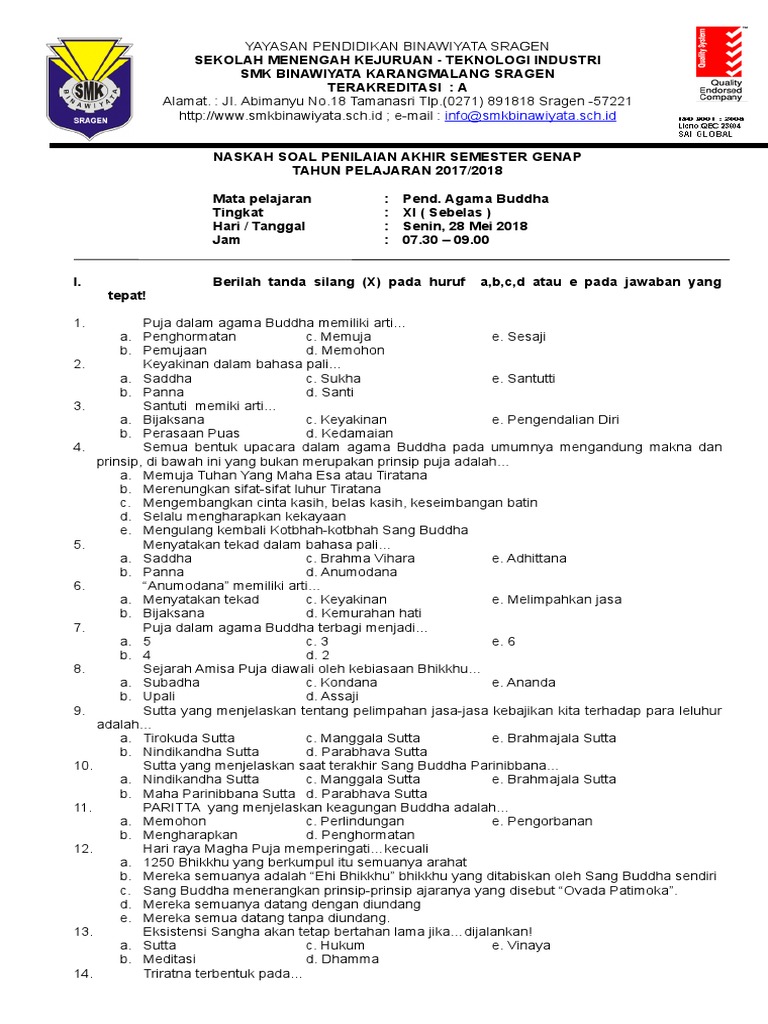 SOAL Agama Buddha XI SMA/SMK | PDF