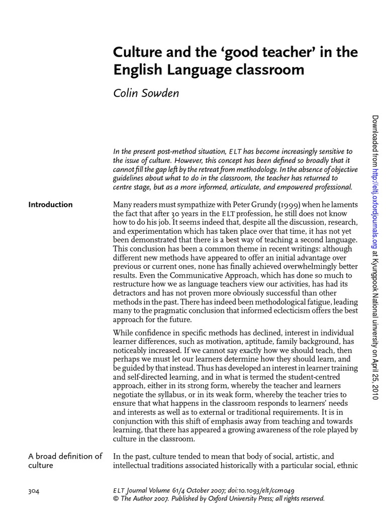 Culture and The Good Teacher in The EL Classroom (Sowden, 2007) | PDF ...